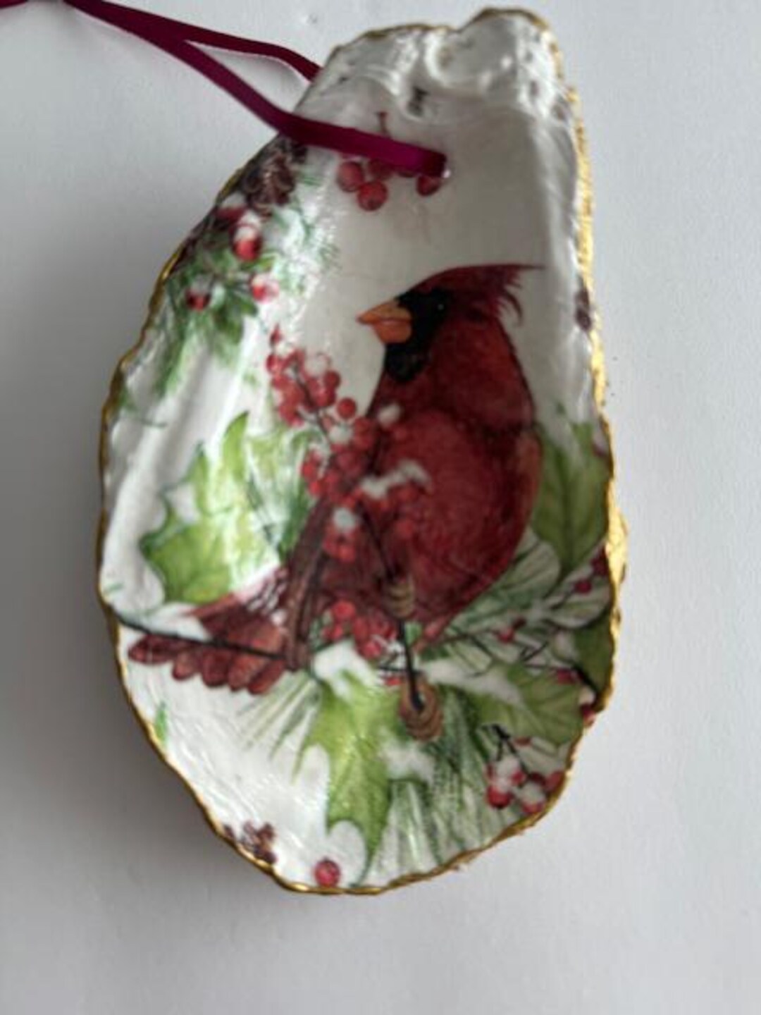 Beautiful Red Cardinal Oyster Shell Ornament | Decoupaged Oyster Shell ...