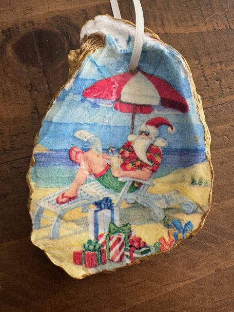 Festive Santa on the Beach Ornament Oyster Shell | Decoupaged Oyster ...
