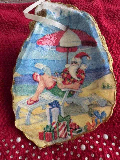 Festive Santa on the Beach Ornament Oyster Shell | Decoupaged Oyster ...