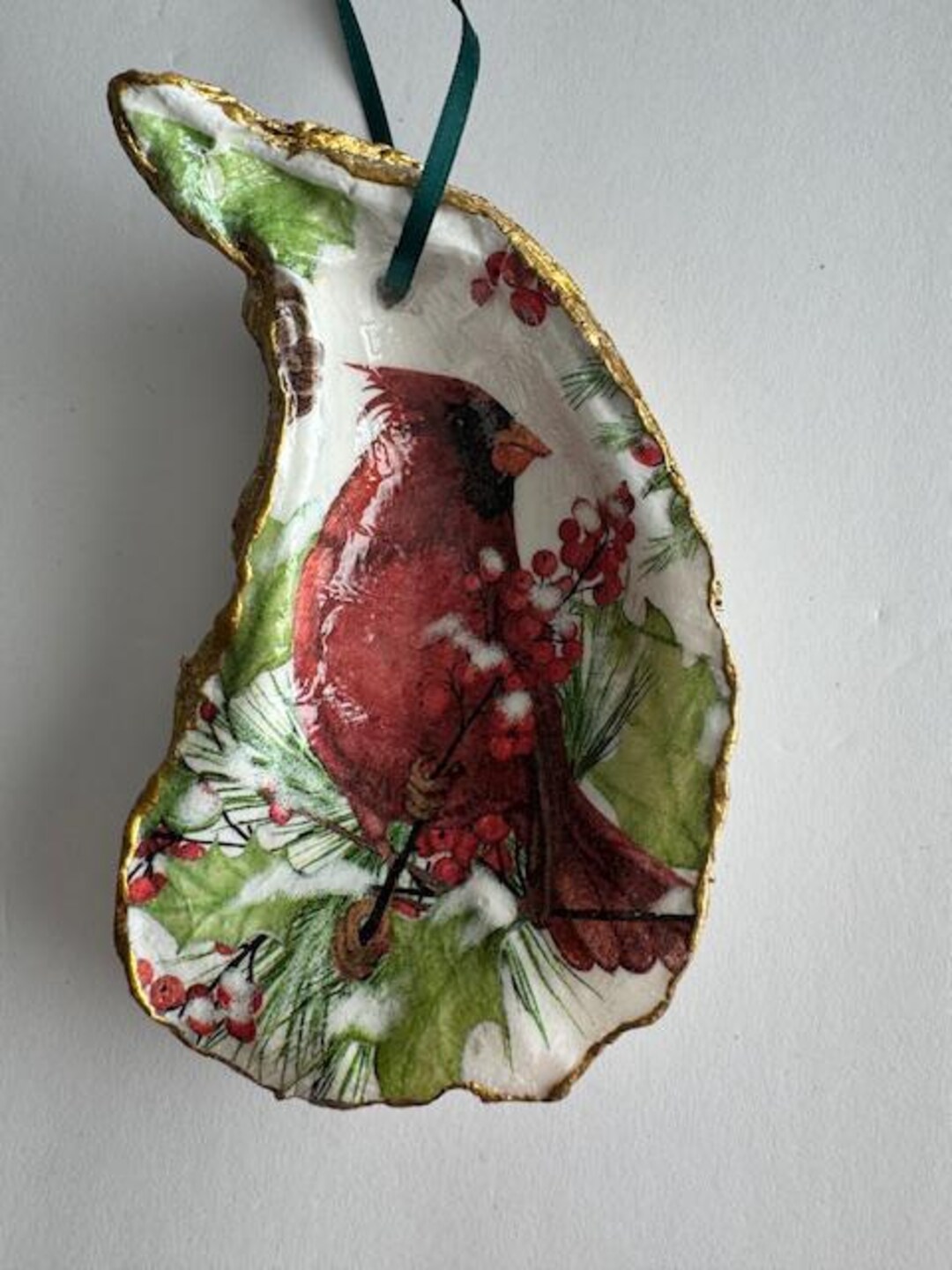 Beautiful Red Cardinal Oyster Shell Ornament | Decoupaged Oyster Shell ...