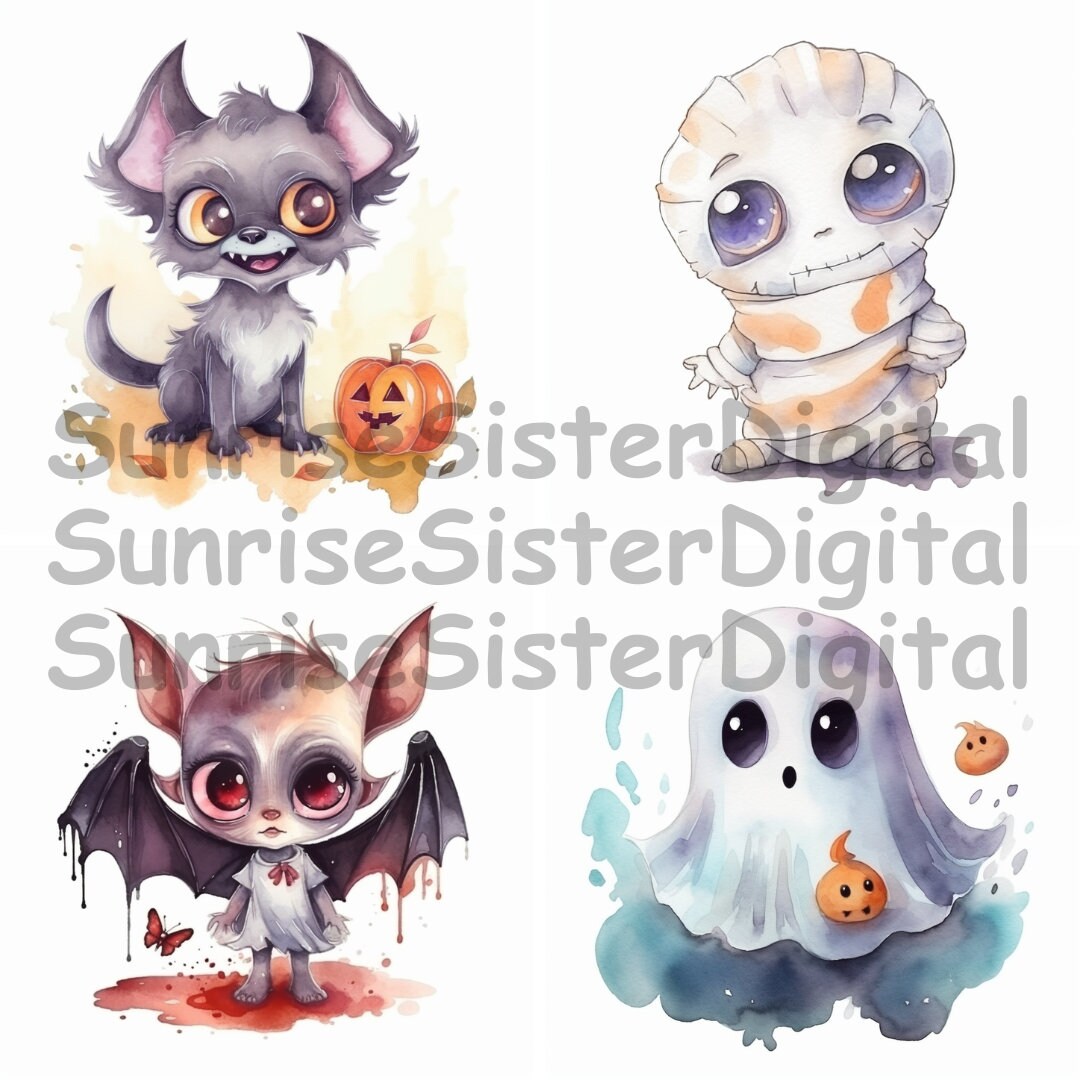 Adorable Halloween Clipart-cute Spooky Halloween-watercolor Clipart ...