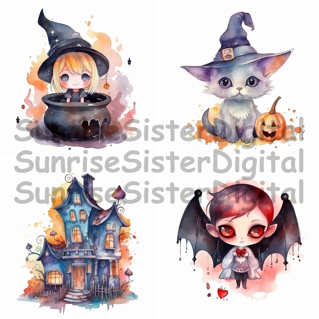 Adorable Halloween Clipart-cute Spooky Halloween-watercolor Clipart ...