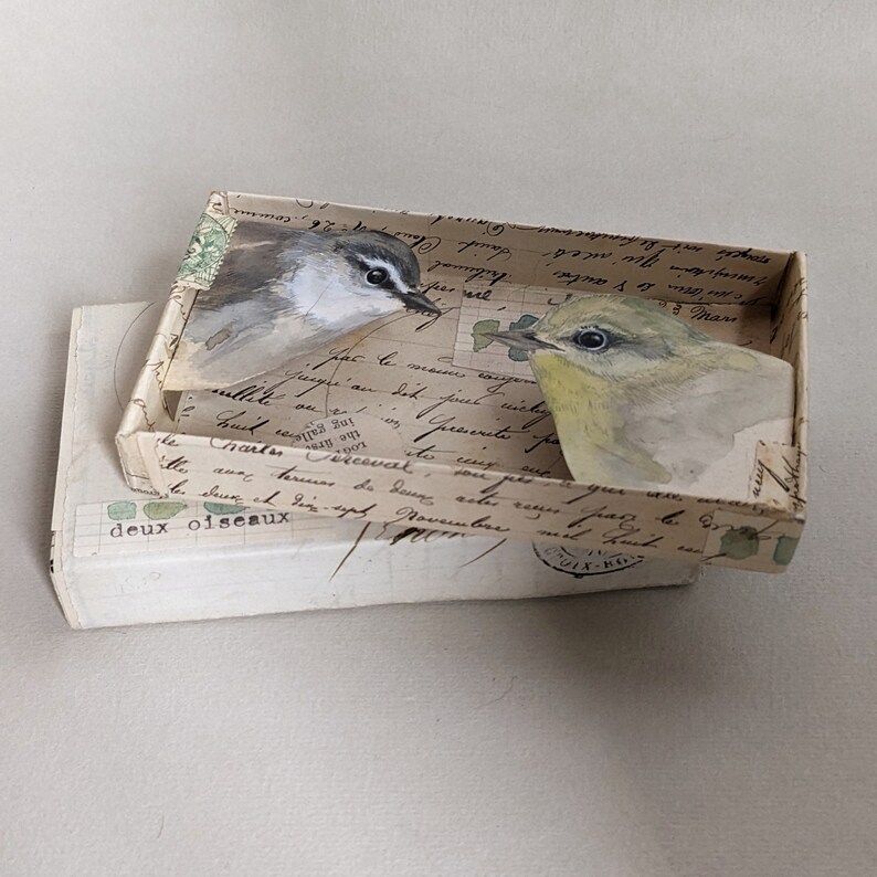 Deux Oiseaux Original Watercolor Bird Collage Box Art - Etsy