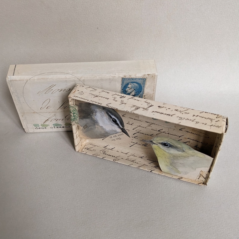 Deux Oiseaux Original Watercolor Bird Collage Box Art - Etsy