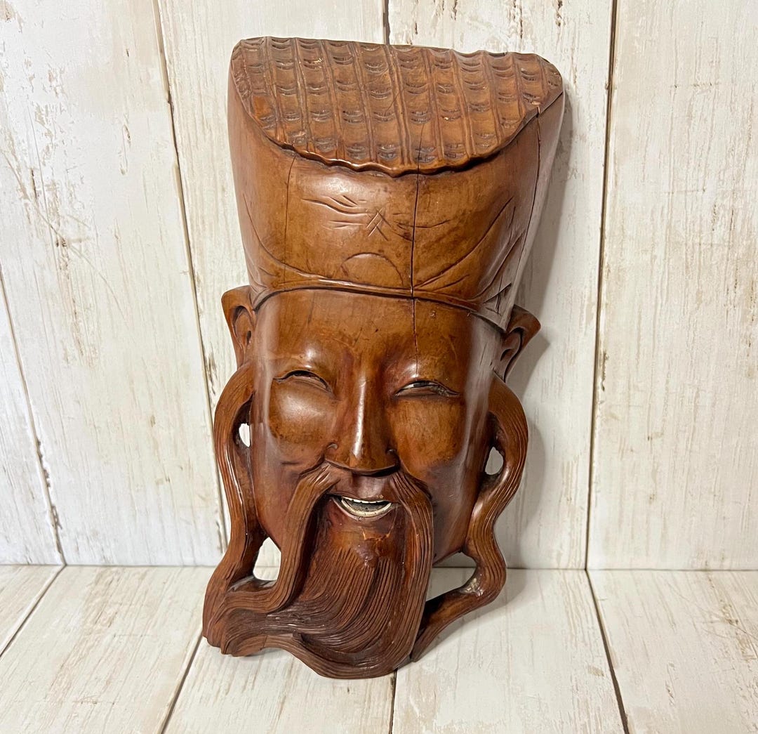 Hand Carved 10 Inch Chinese Wood Mask With Hat - Etsy
