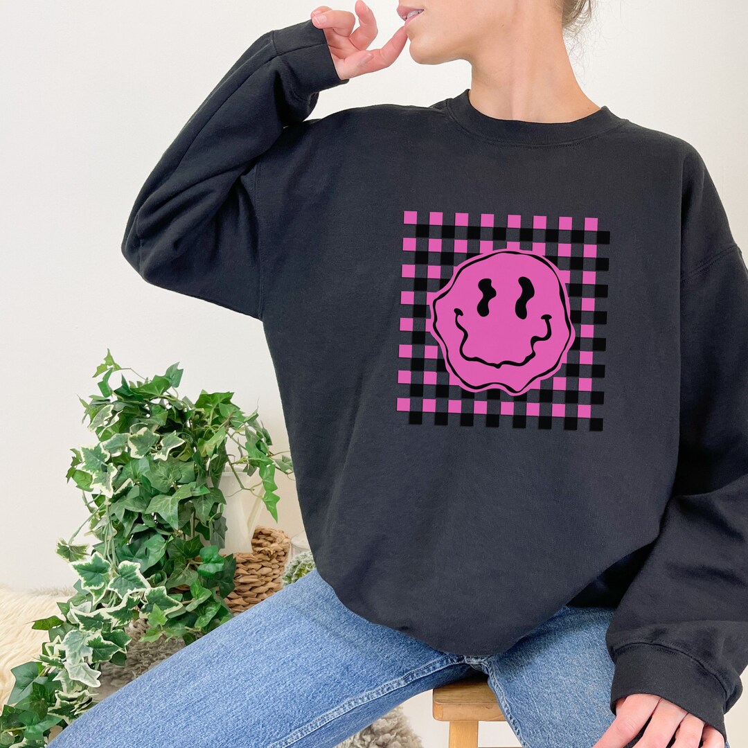 Retro Checkered Smiley Face Sweatshirt, Oversize Sweat Shirt, Preppy ...