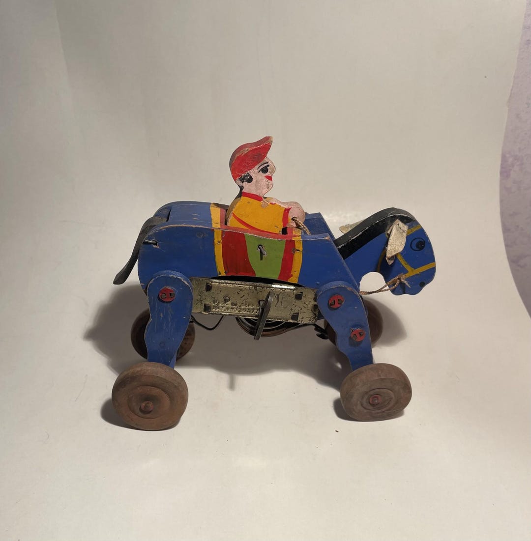 Vintage Japan Wood Wind up Man on Bucking Horse Toy, Folk Art Toy ...