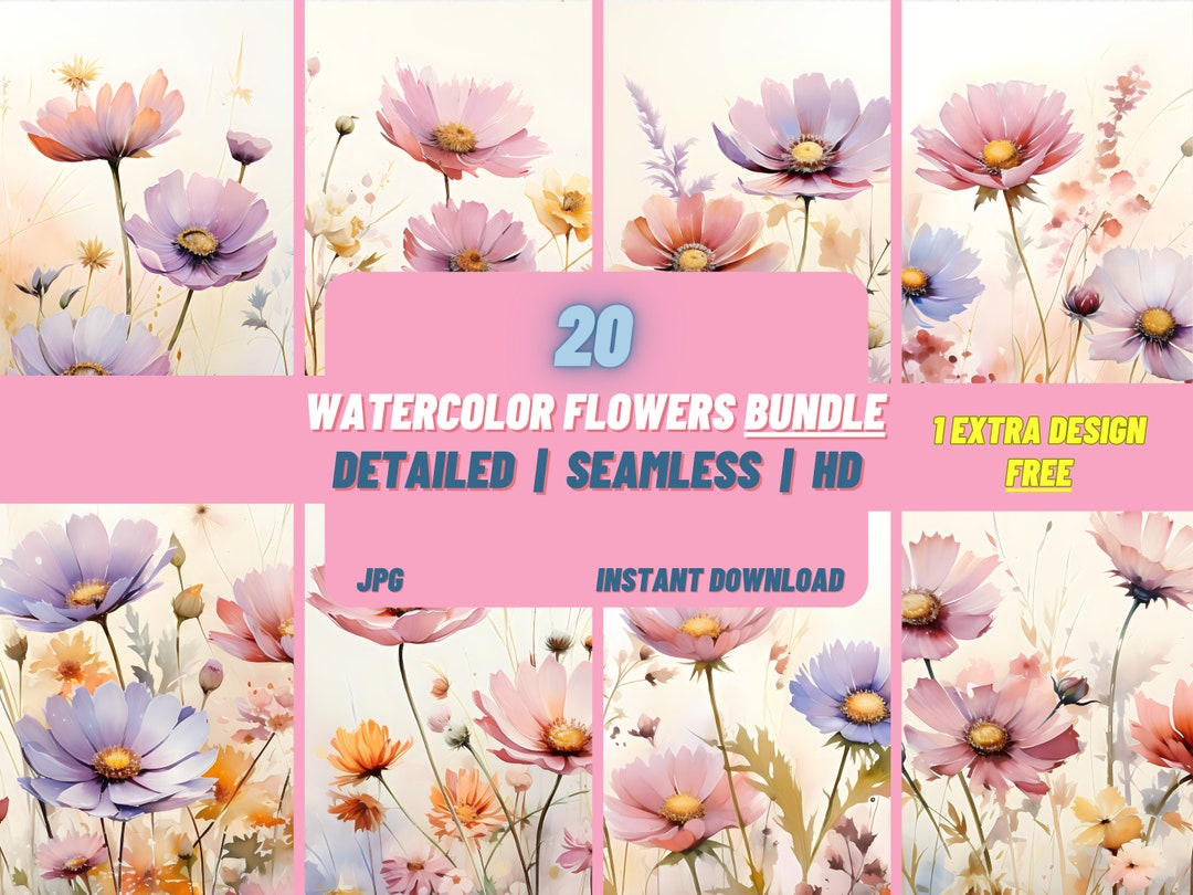 Watercolor Flowers Bundle DIGITAL PAPER SEAMLESS Pastel Pink Purple ...