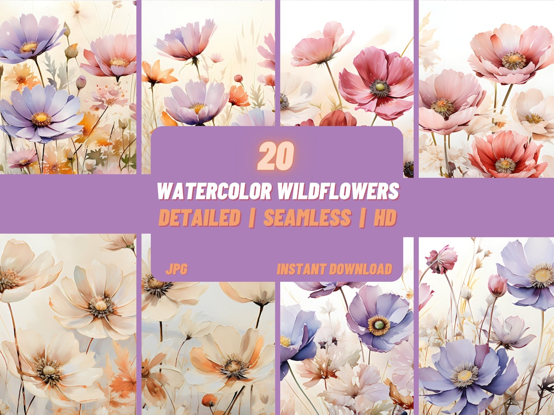 Watercolor Wildflowers Bundle DIGITAL PAPER SEAMLESS Botanical Floral ...