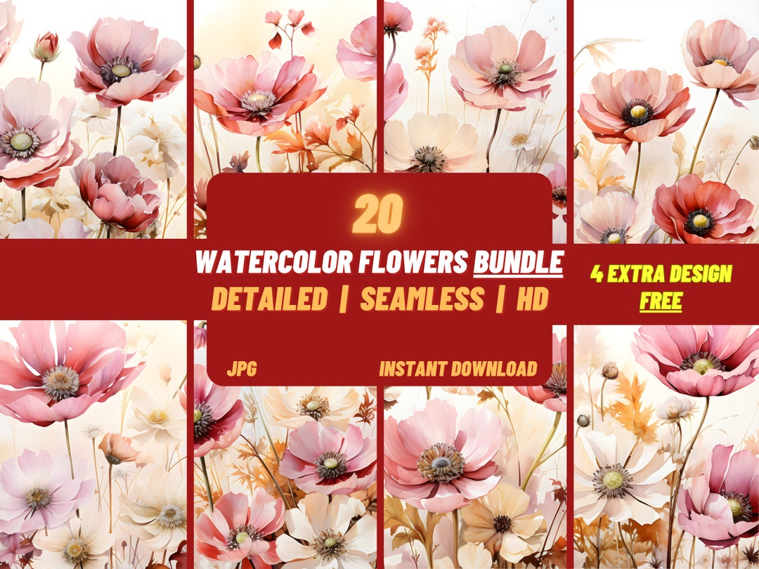 Watercolor Flowers Bundle DIGITAL PAPER SEAMLESS Pastel Red White ...