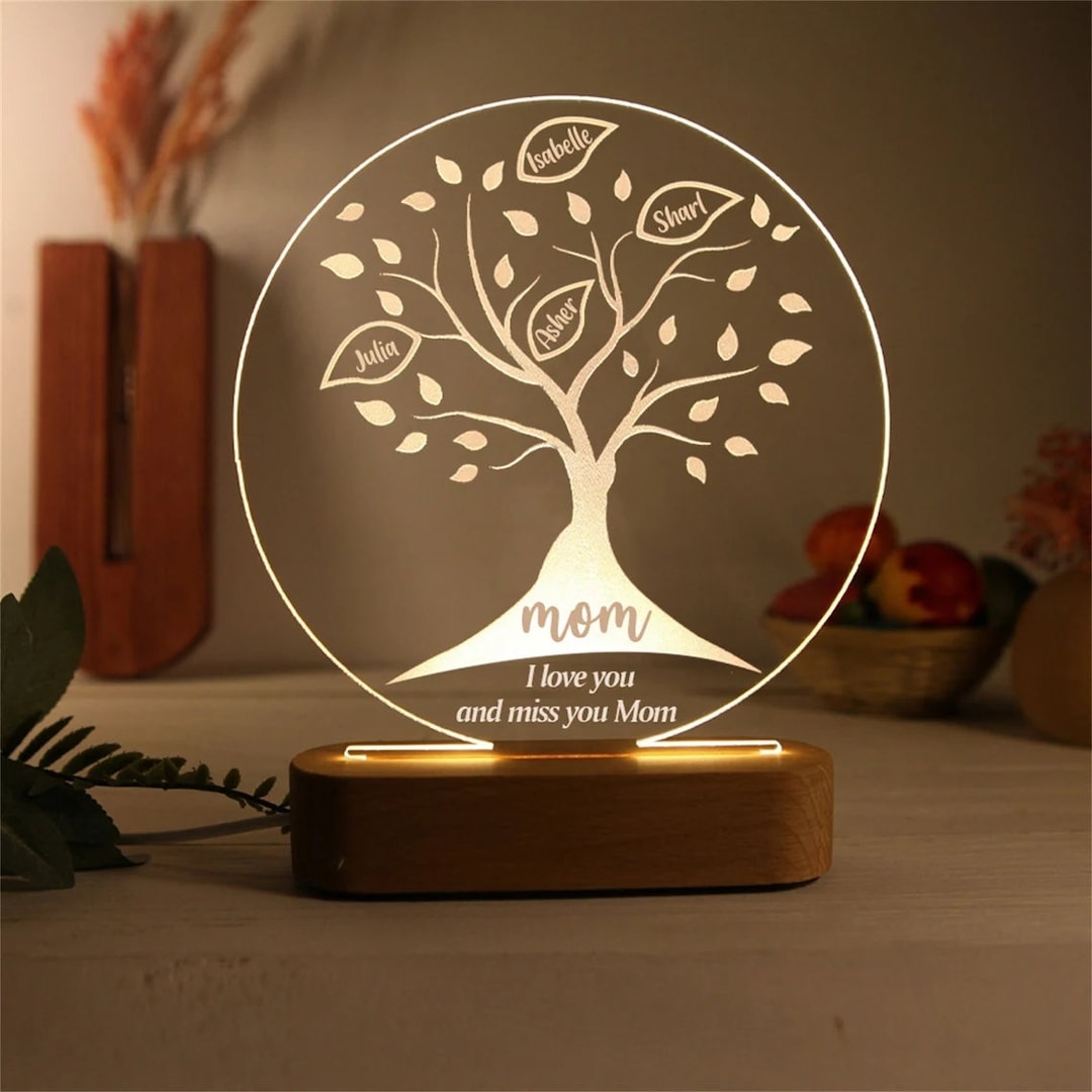 Custom Family Tree Night Light Engraved Grandma Kids Names Wooden LED ...