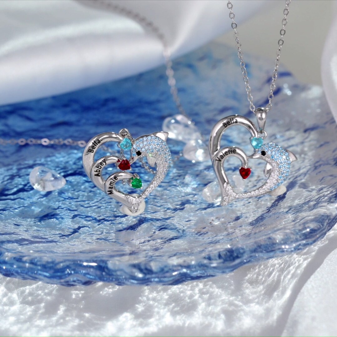 Personalized Heart Dolphin Necklace Custom 2-6 Birthstones & Names ...