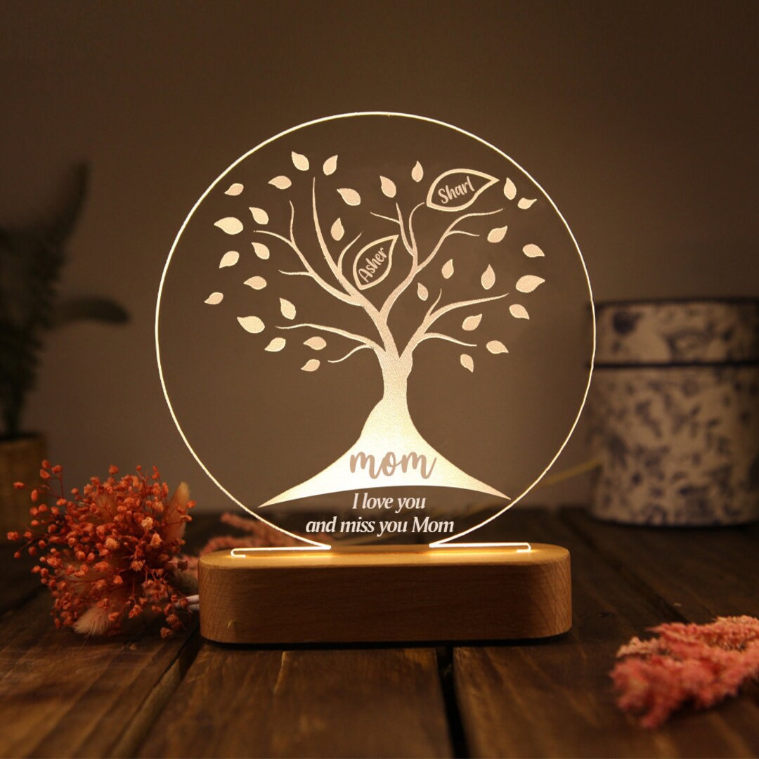 Personalized Family Tree Night Light Engraved 2-8 Names Wooden LED Lamp Custom Night Light Gift ...