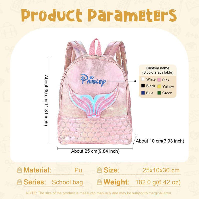 Personalised Embroidery Name Girls Mermaid Backpack,kids School Bag ...