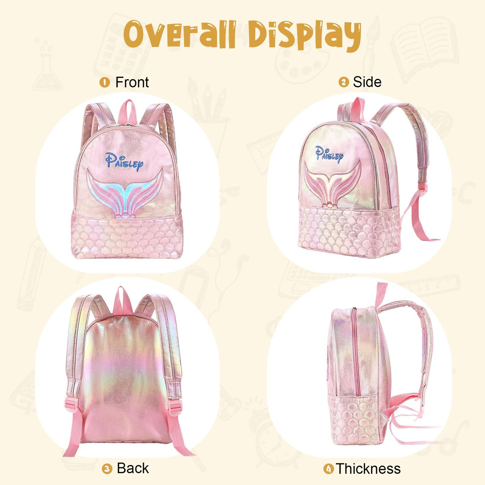 Personalised Embroidery Name Girls Mermaid Backpack,kids School Bag ...