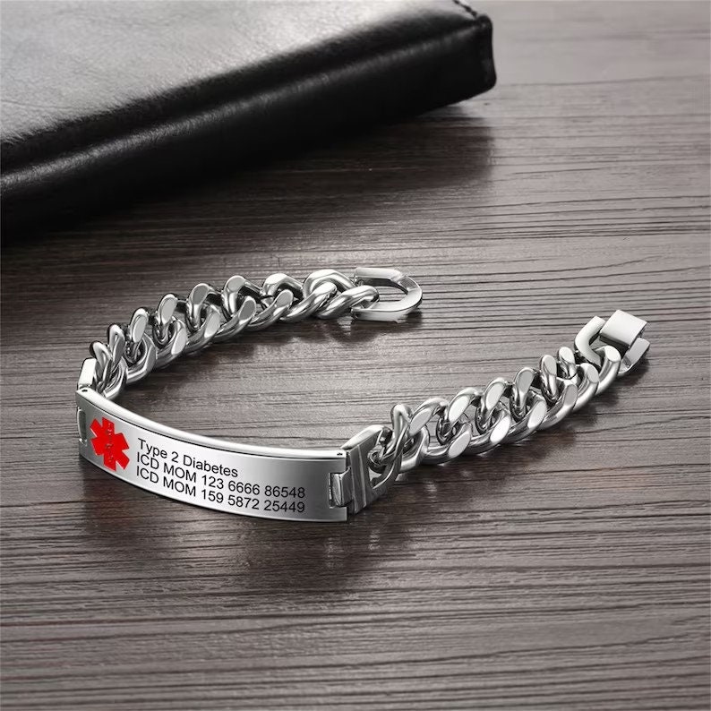 Custom Medical Alert Bracelet for Men - Personalized Engraved ID ...
