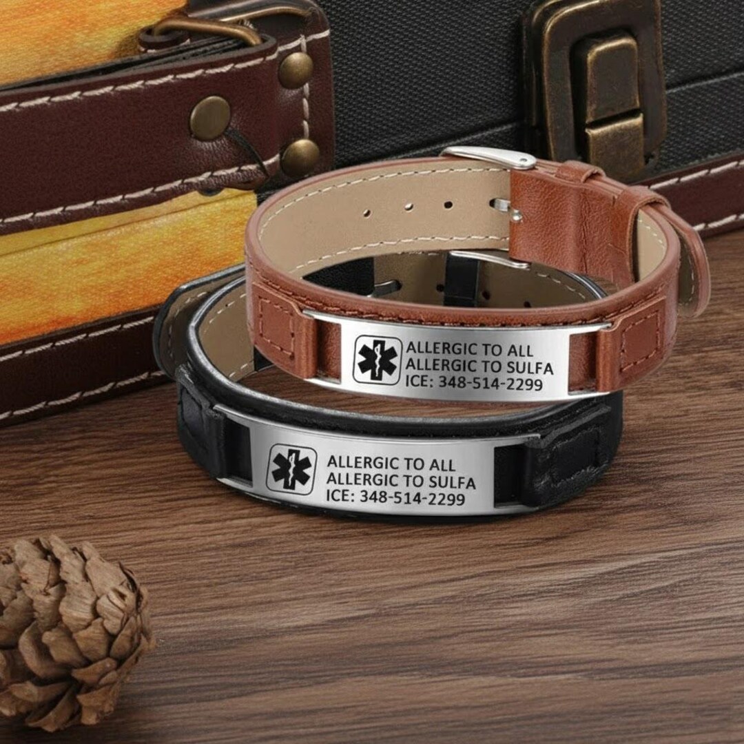 Custom Adjustable Medical Alert ID Bracelet for Men - Engraved Leather ...