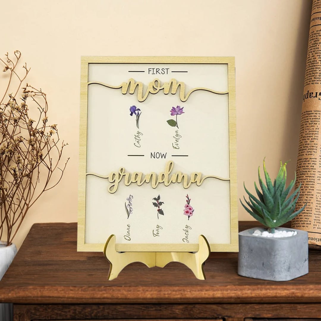 Wooden Decorative Personalized Names & Birth Flower Ornament First Mom ...