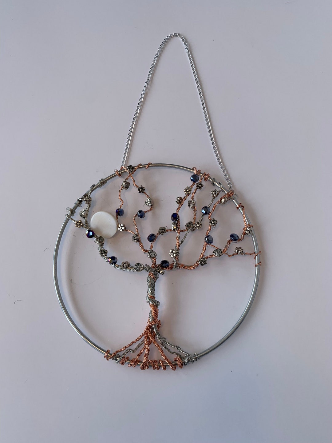 Tree of Life Suncatcher round With Wire Wrapped Metal Flower - Etsy
