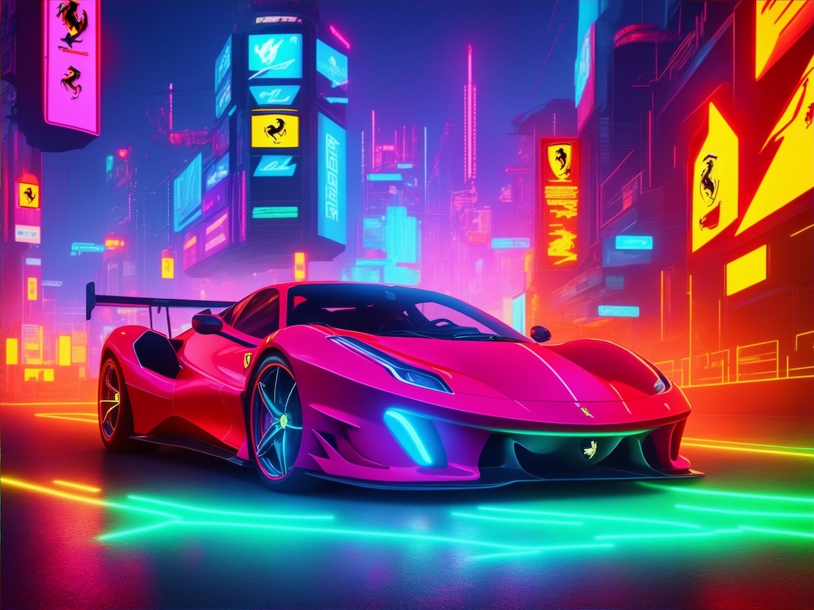 FERRARI Digital Art Print, Neon Art,wall Art, AI Generated, AI Art ...