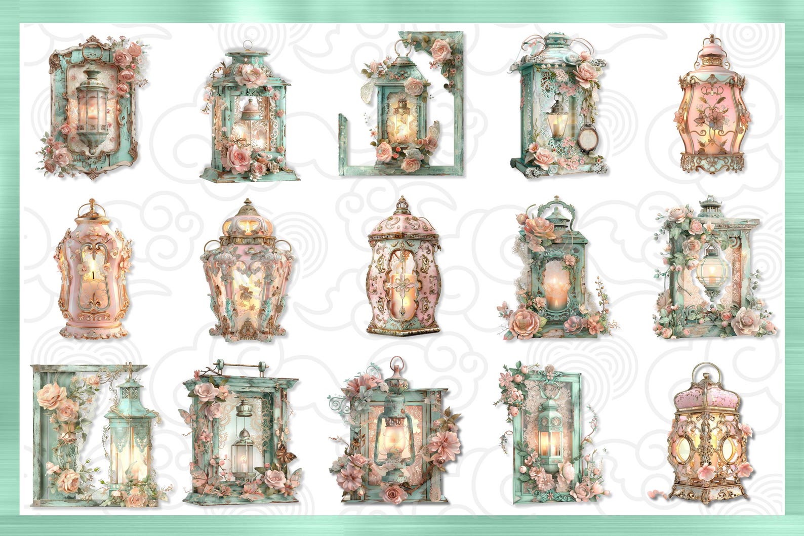 Shabby Chic Lantern Clipart Set | 55 PNG Overlays & Elements | Floral ...