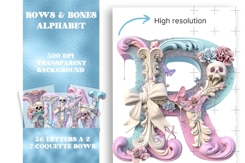 Bows & Bones Alphabet | Pastel Gothic Clipart Set | Kawaii Skull ...