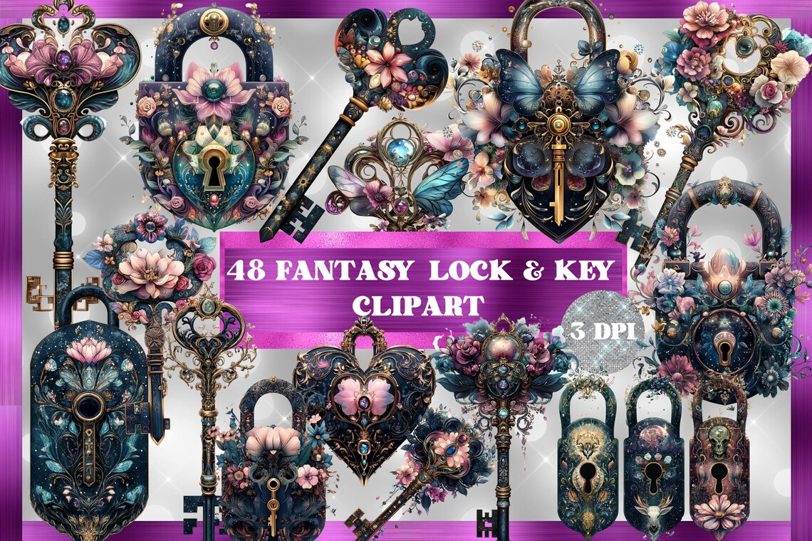 48 Fantasy Lock and Key Clipart PNG | Magical Key Clip Art | Gothic ...