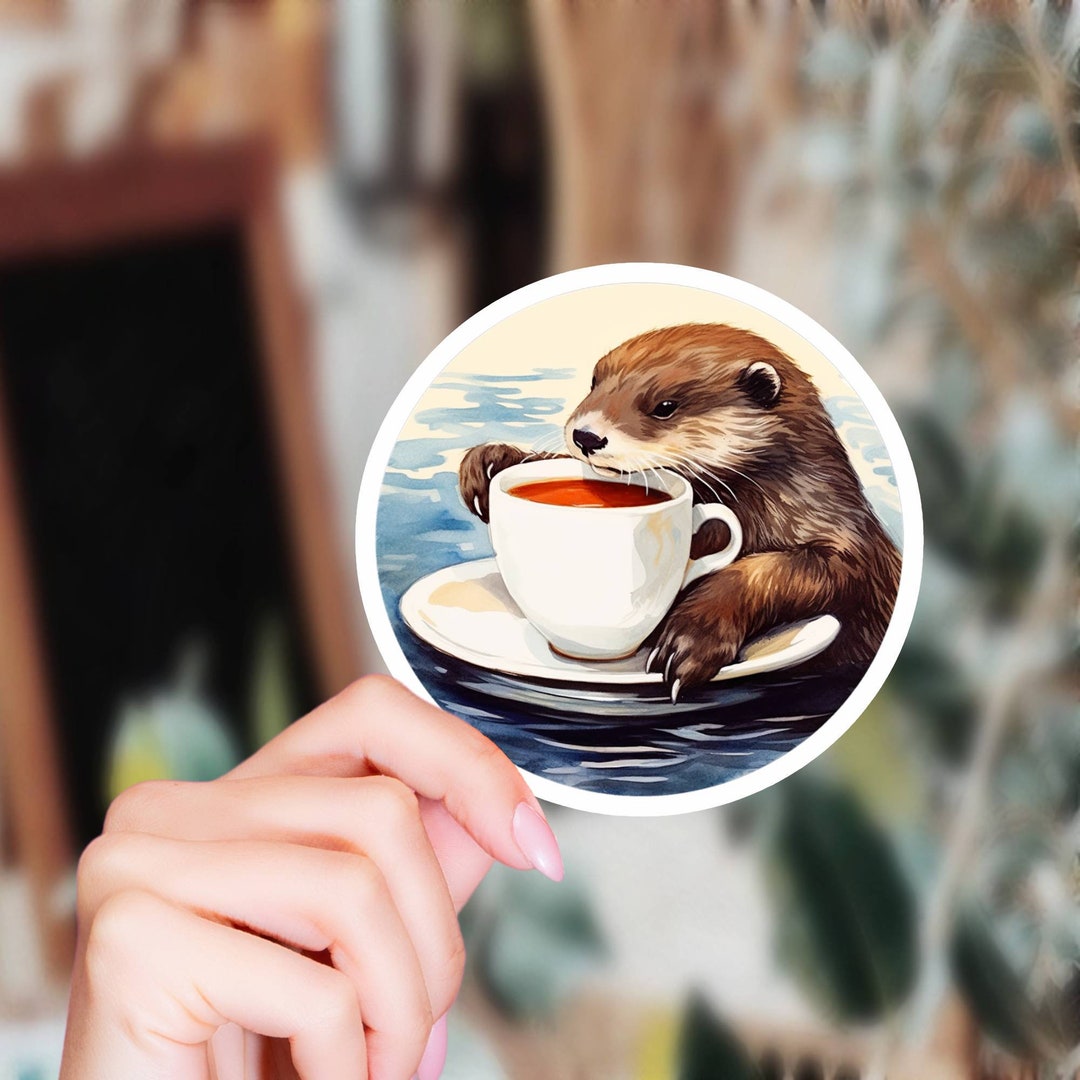 Cute Coffee Otter Sticker - Compact Vinyl Decal for Laptop, Kindle ...