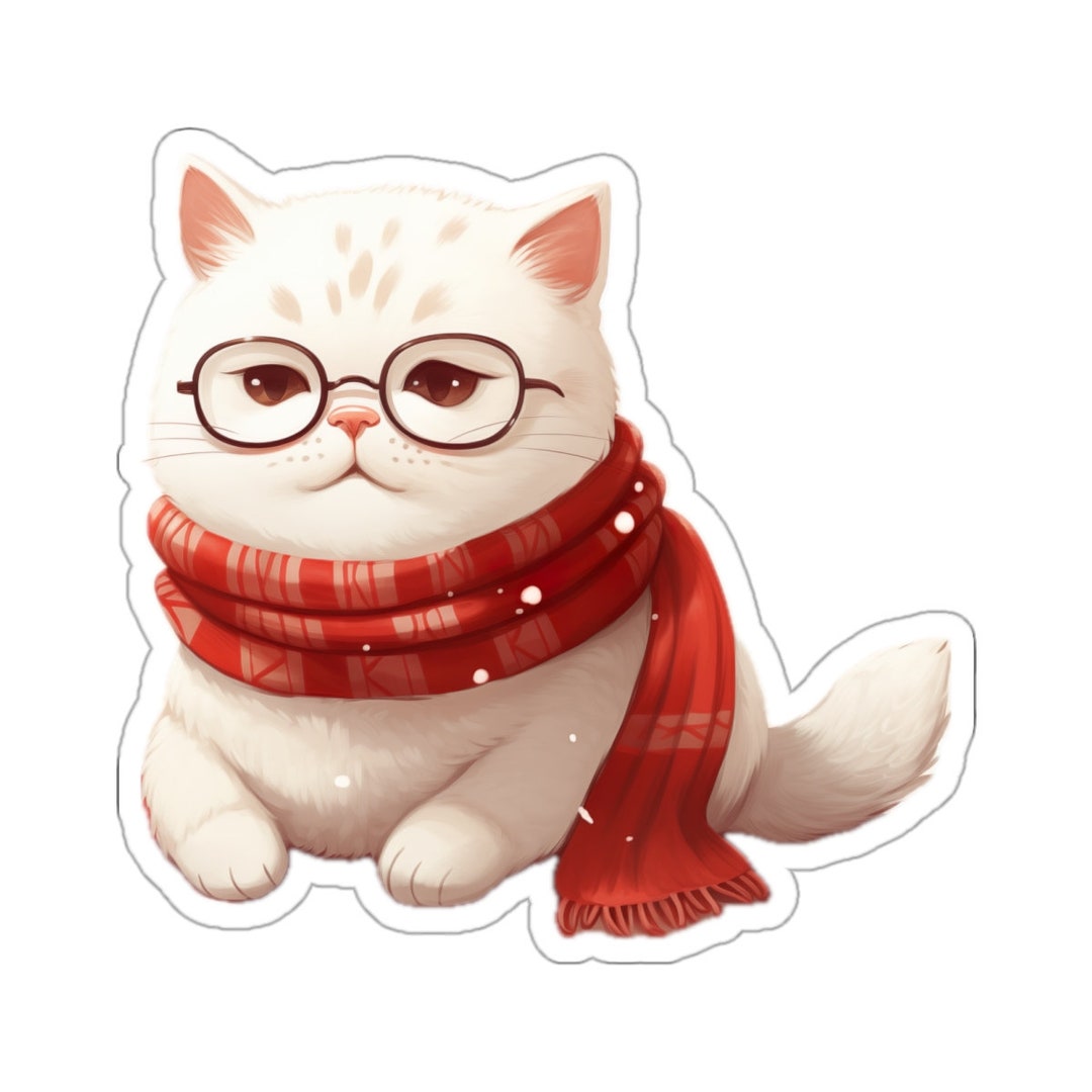 Cute White Cat With Glasses Sticker - Vinyl Decal for Laptop, Kindle ...