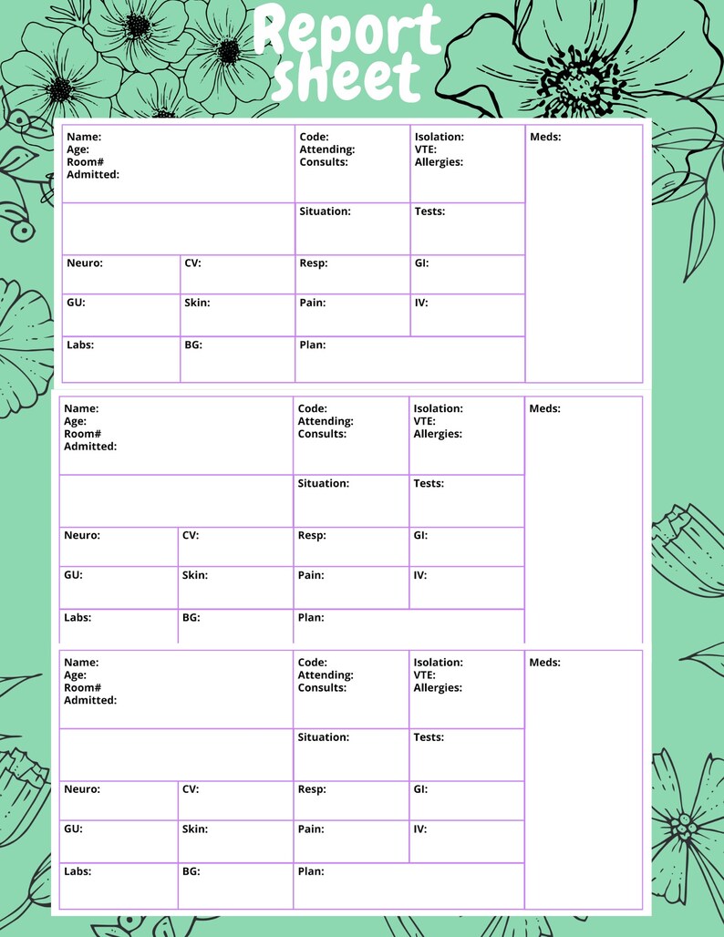 Nursing Printable Report Sheet - Etsy