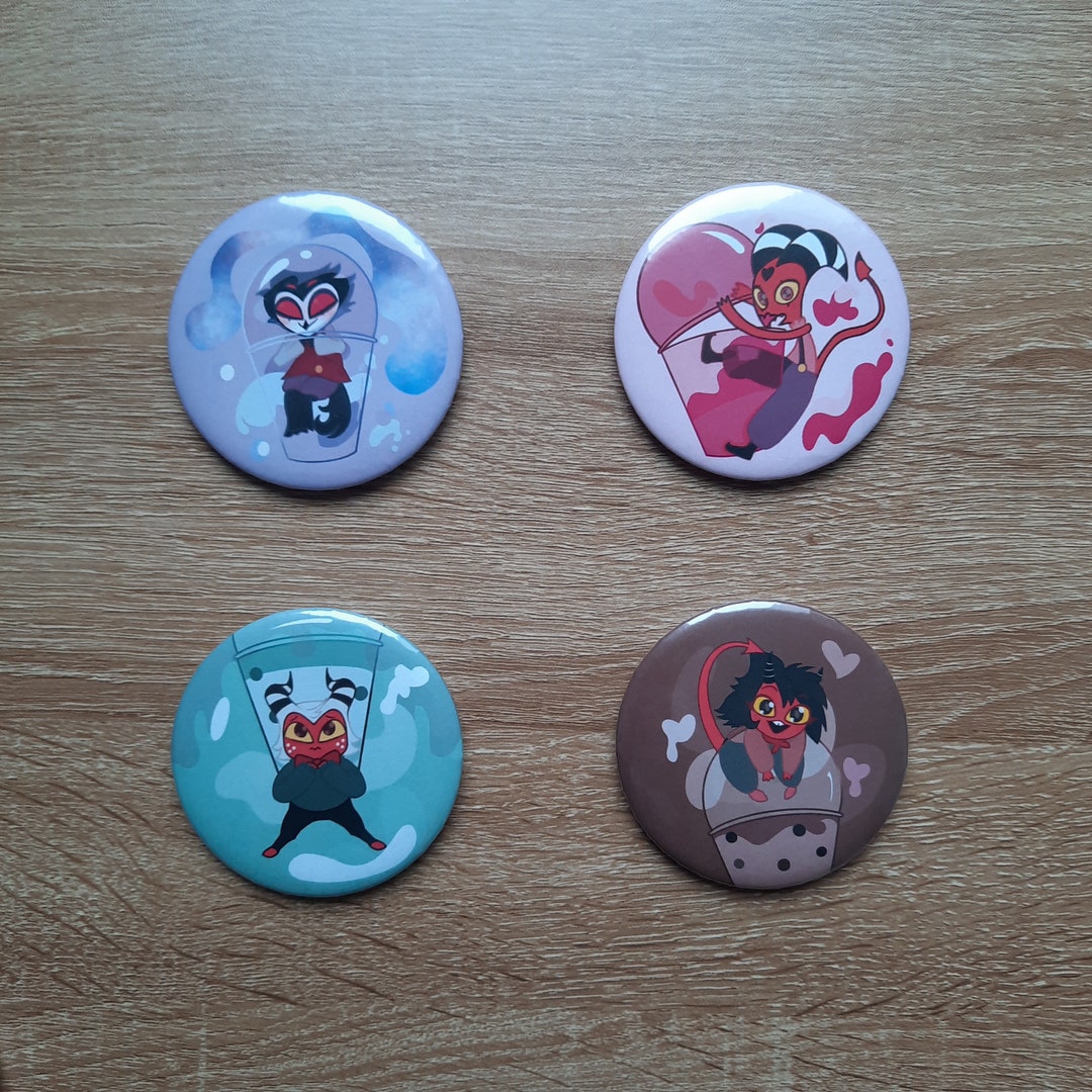 Helluva Boss Bubble Tea Button 4 Pack 75 Mm With Stolas, Blitzo, Millie ...
