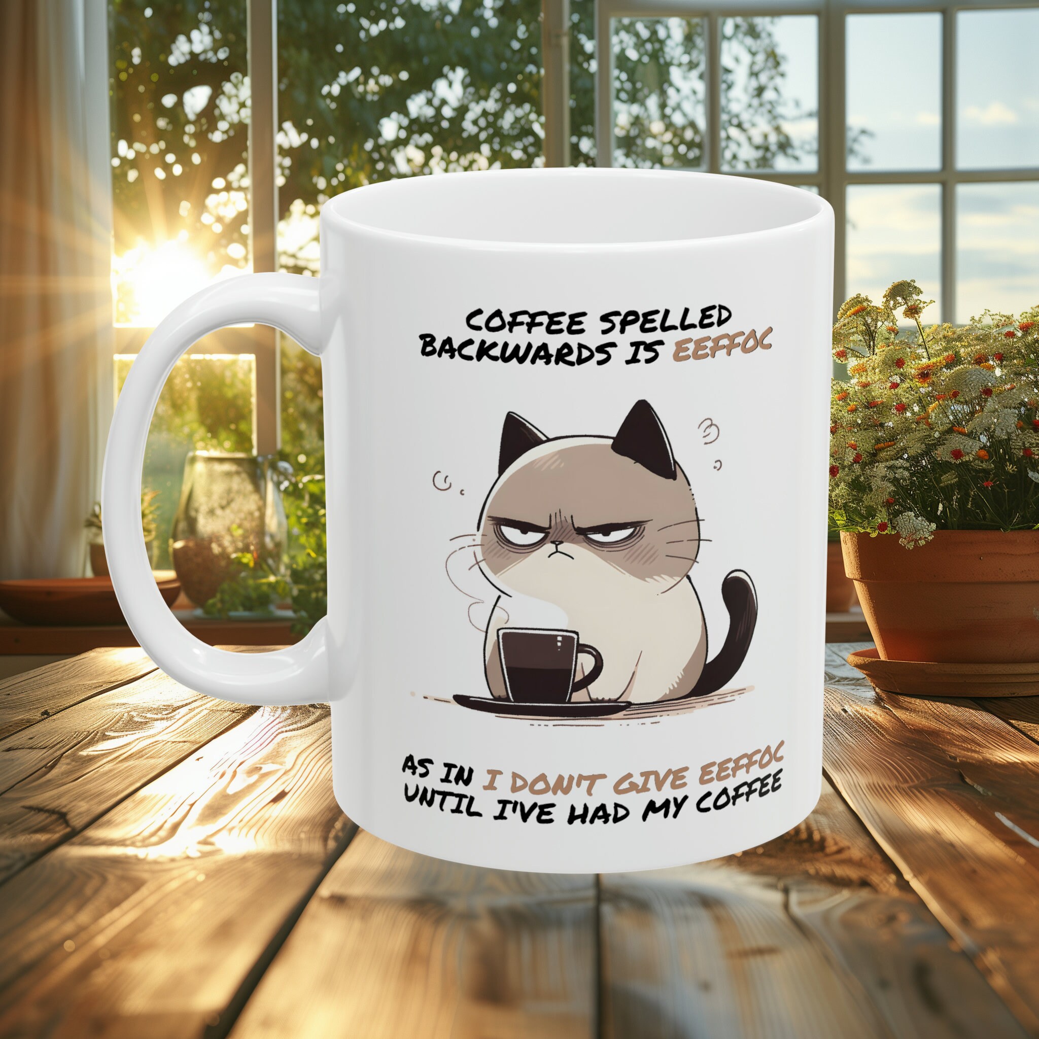 Funny Cat Coffee Mug EEFFOC is Coffee Spelled Backwards, Grumpy in the ...