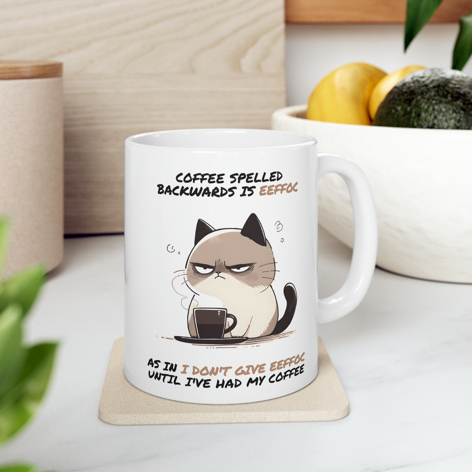 Funny Cat Coffee Mug EEFFOC is Coffee Spelled Backwards, Grumpy in the ...