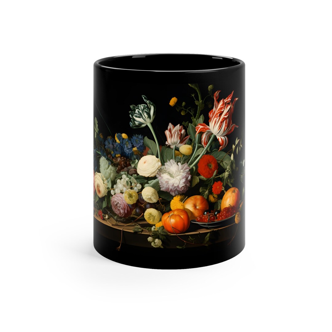 Black Ceramic Mug Still Life Painting Coffee Cup Floral Design Autumn ...