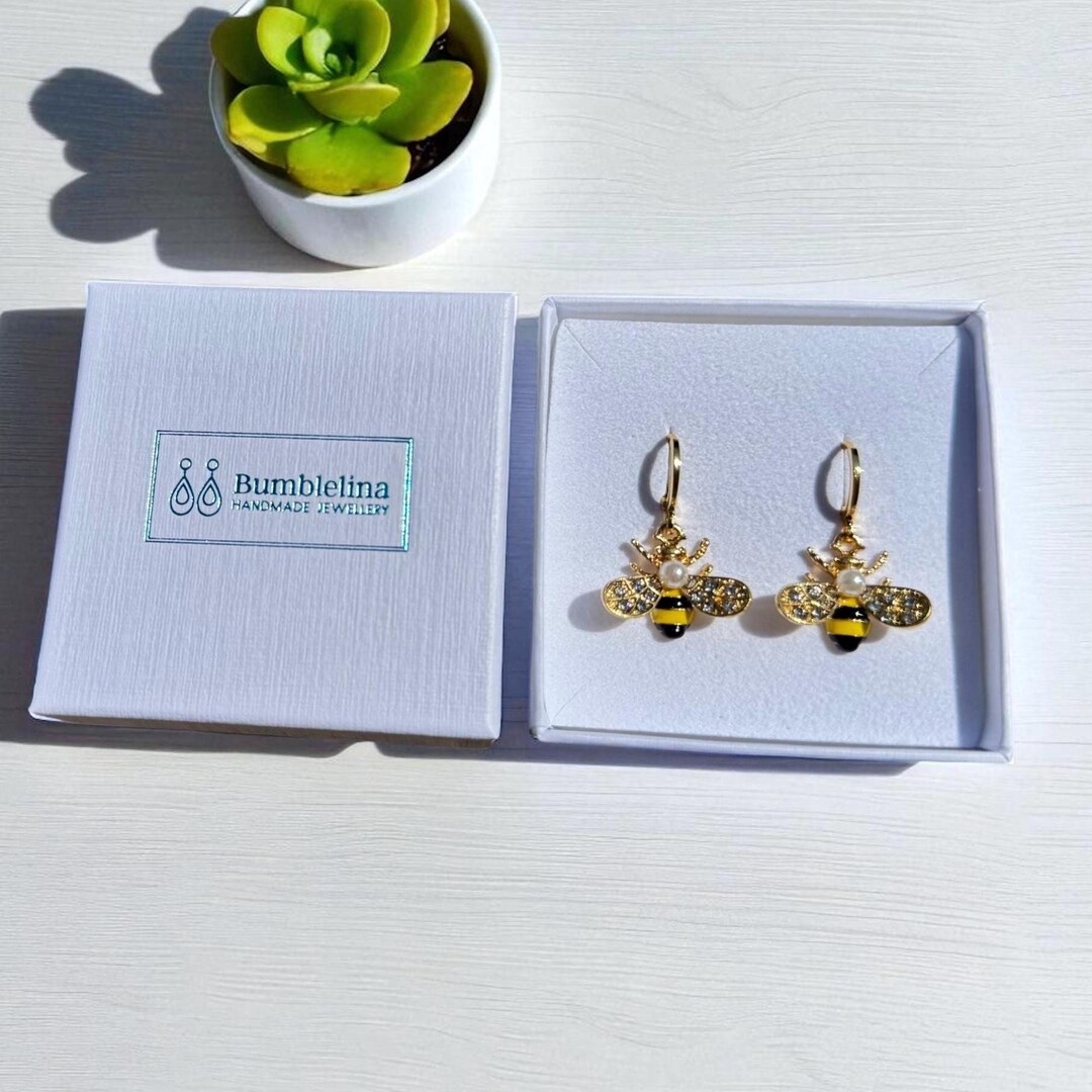 Bumblebee Pearl Hoop Earrings: Sparkly Bee Huggie Hoops, Gold Nature ...