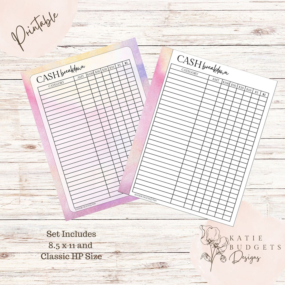Watercolor Printable Cash Breakdown Sheet - 2 Sizes - Etsy