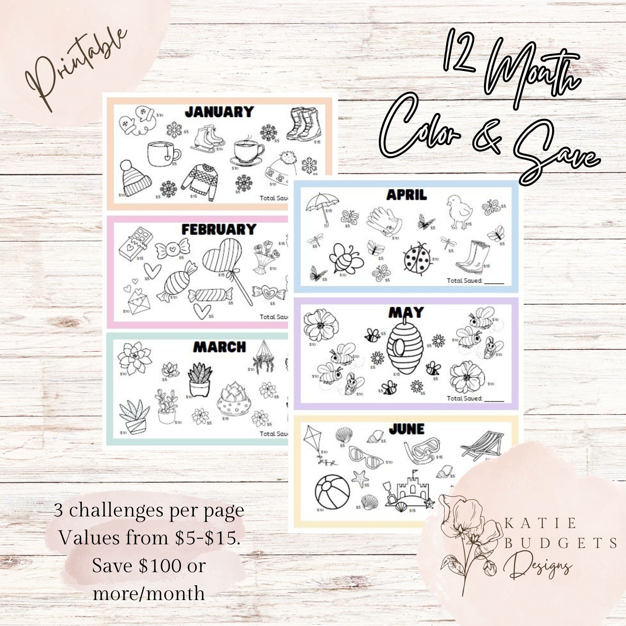 Annual Color & Save Printable Savings Challenge Set - Etsy