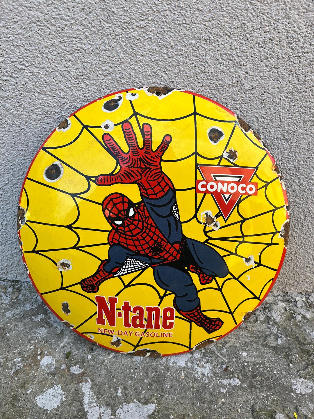 Vintage Spider Man Nutane Conoco Gasoline Enamel Porcelain Sign 30 Cm ...