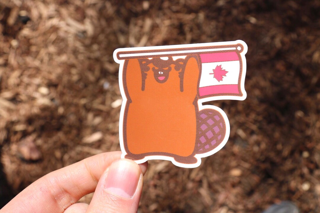 Happy Beaver Holding Canada Flag Sticker, Beaver Canadian Sticker ...