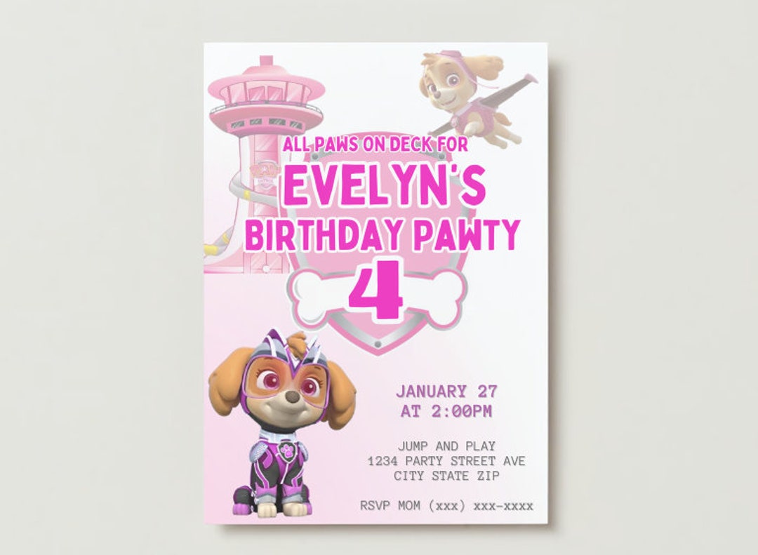 Paw Patrol Skye Birthday Party Invitation, Paw Patrol, Skye, Mighty Pup ...