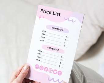 Editable Small Business Price List Template, Printable Pricing Guide ...