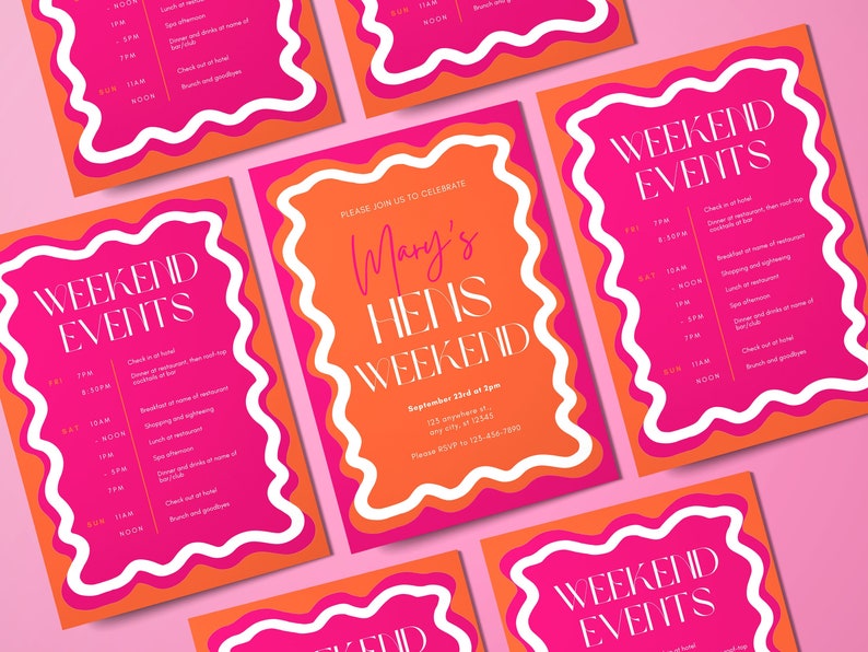 Hens Weekend Wavy Invitation, Orange and Pink Wavy Editable Invite ...