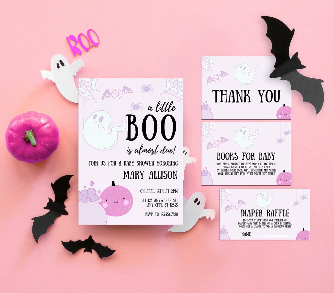 Editable A Little Boo Baby Shower Invitation Bundle, Cute Pink Ghost ...