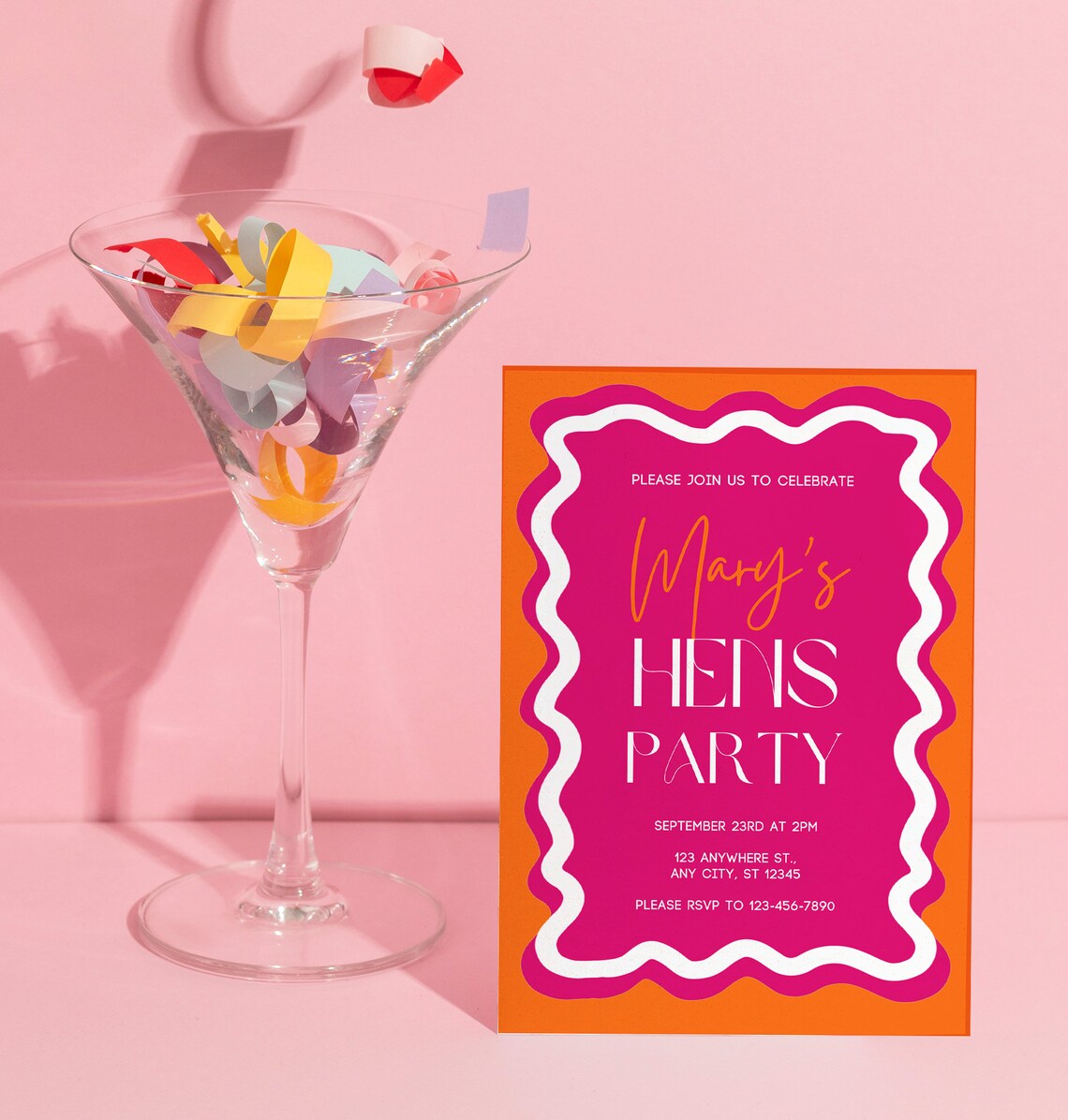 Hens Wavy Border Invitation, Wavy Pink & Orange Bachelorette Party ...