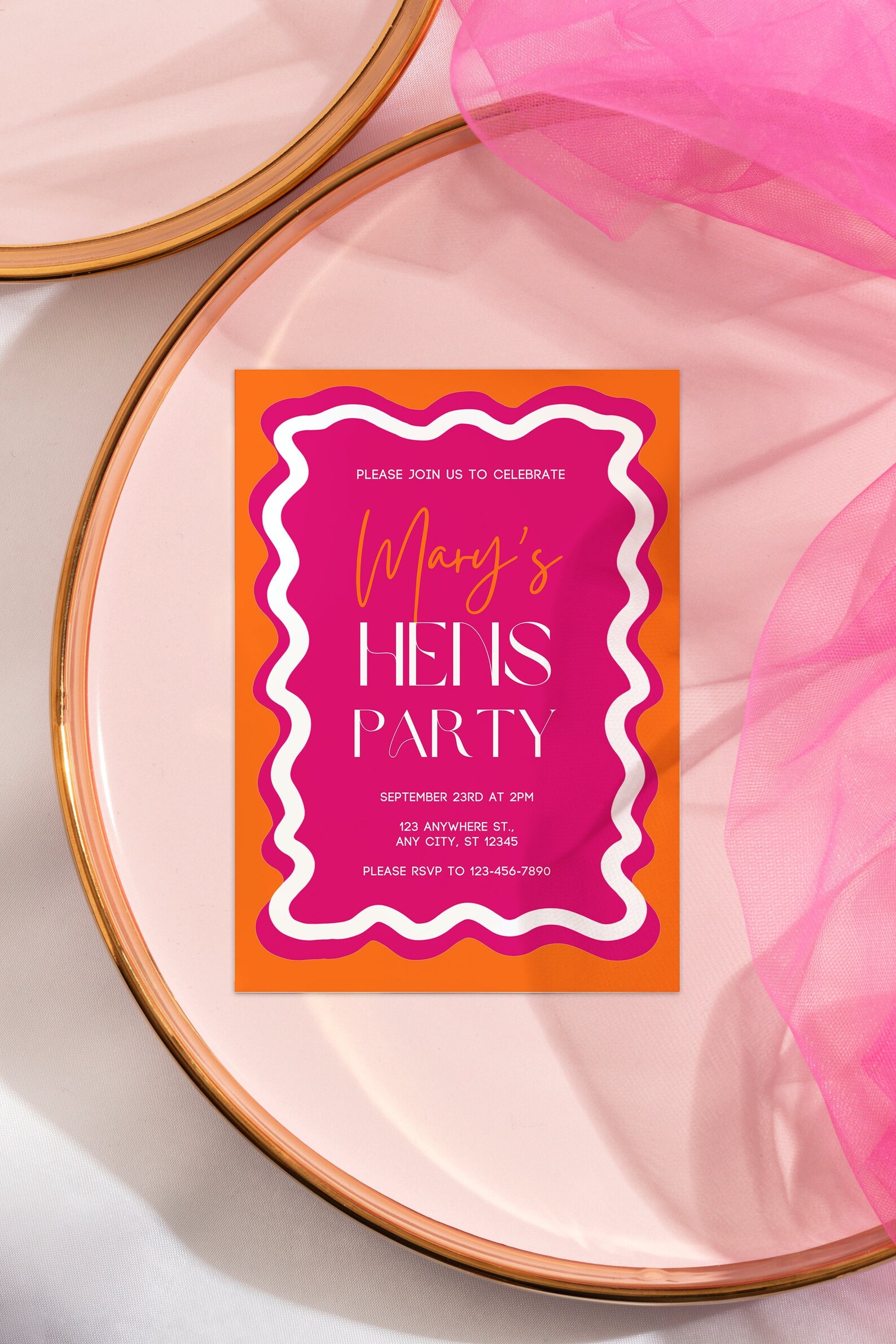 Hens Wavy Border Invitation, Wavy Pink & Orange Bachelorette Party ...