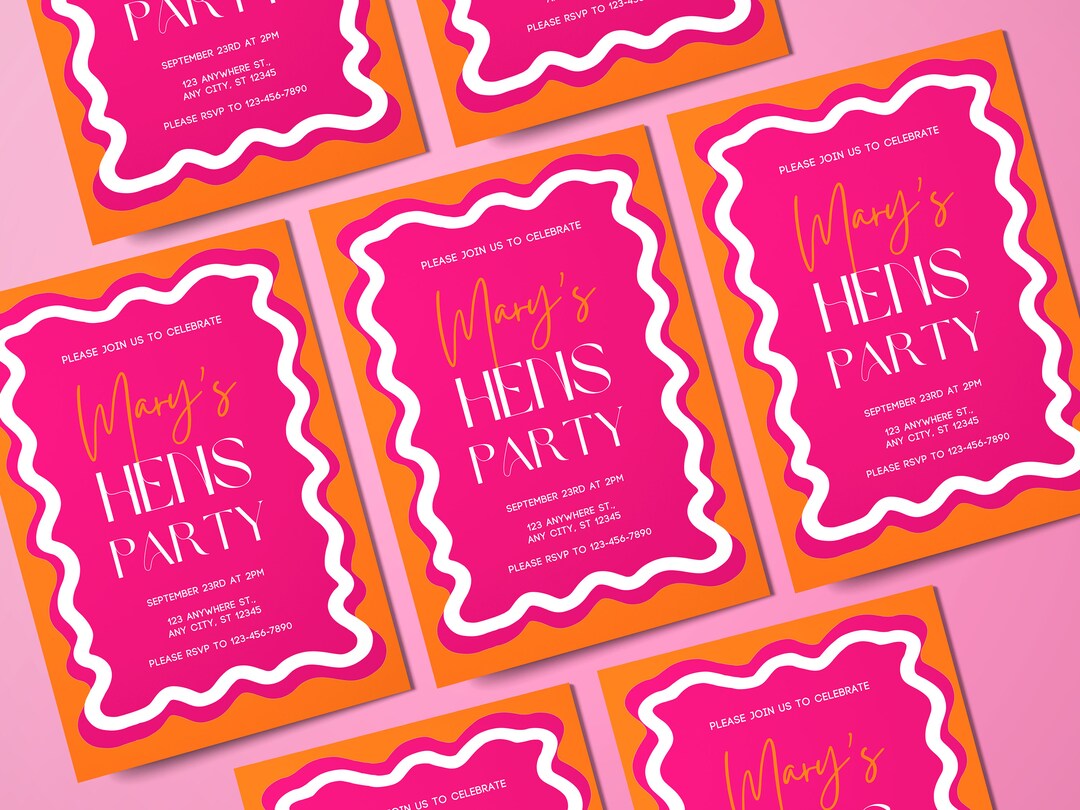 Hens Wavy Border Invitation, Wavy Pink & Orange Bachelorette Party ...