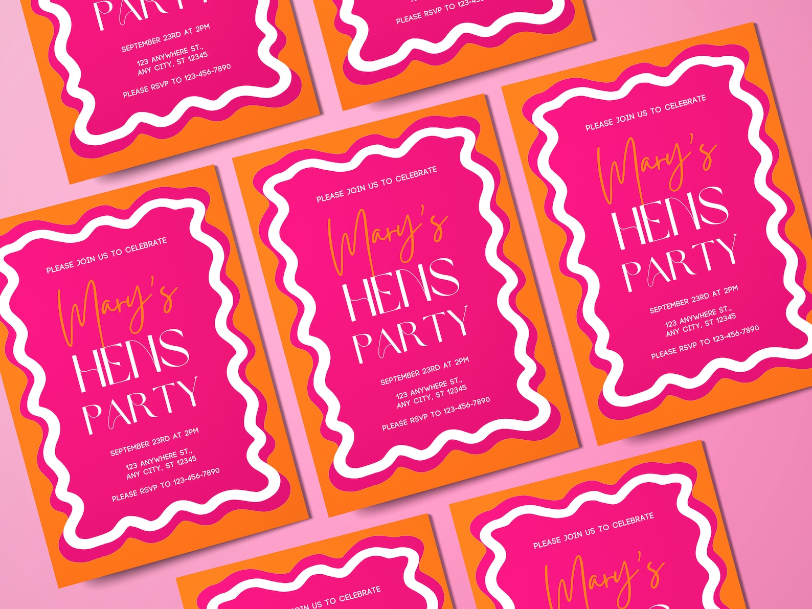 Hens Wavy Border Invitation, Wavy Pink & Orange Bachelorette Party ...