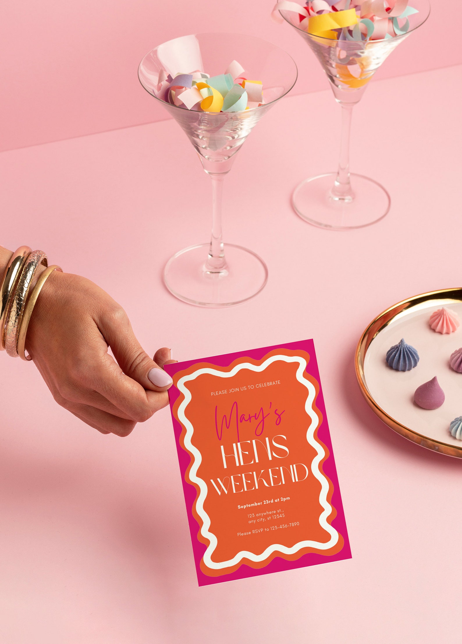 Hens Weekend Wavy Invitation, Orange and Pink Wavy Editable Invite ...