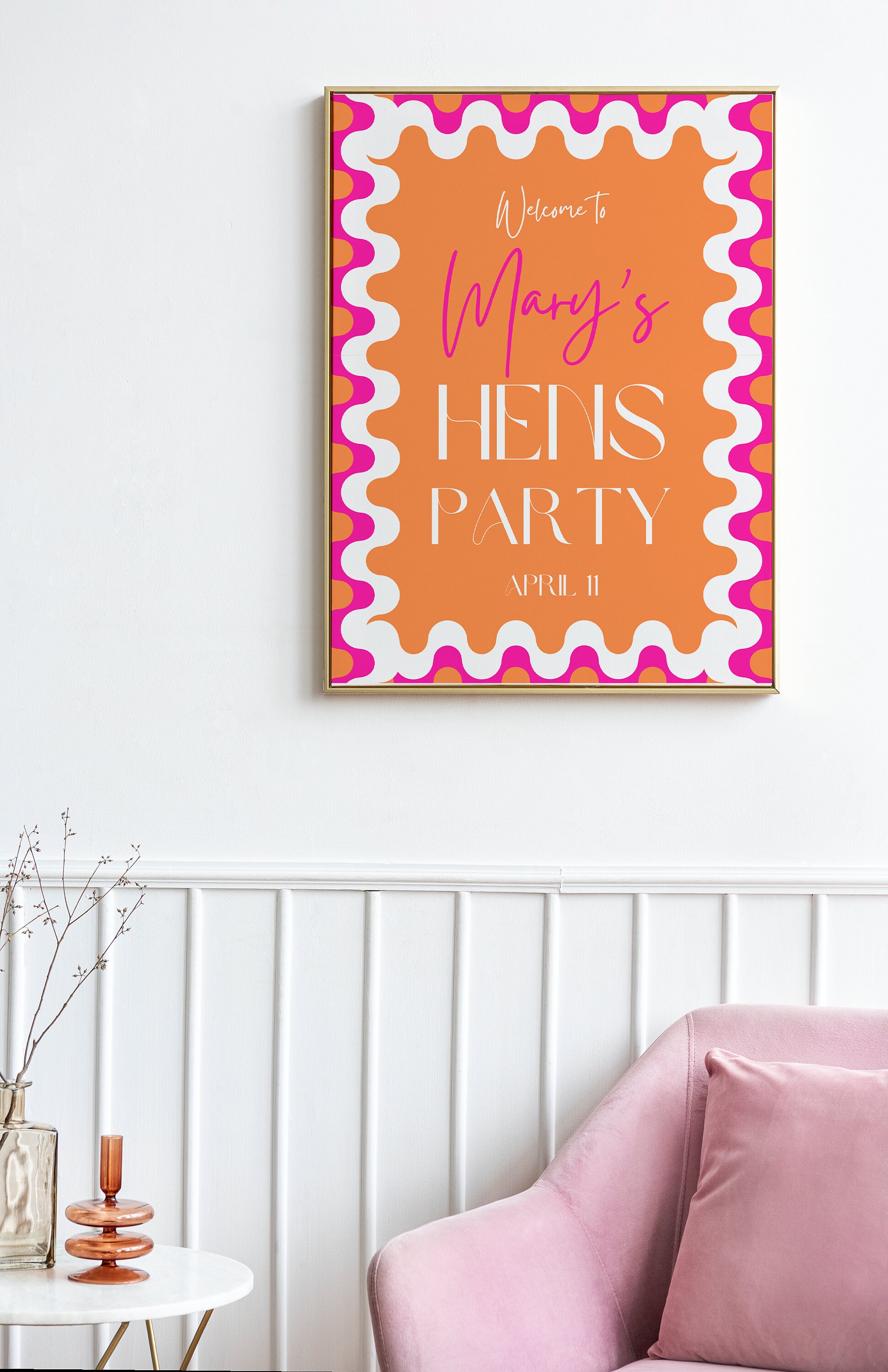 Wavy Hens Welcome Sign, Pink & Orange Wavy Bridal Shower Poster, Hens ...