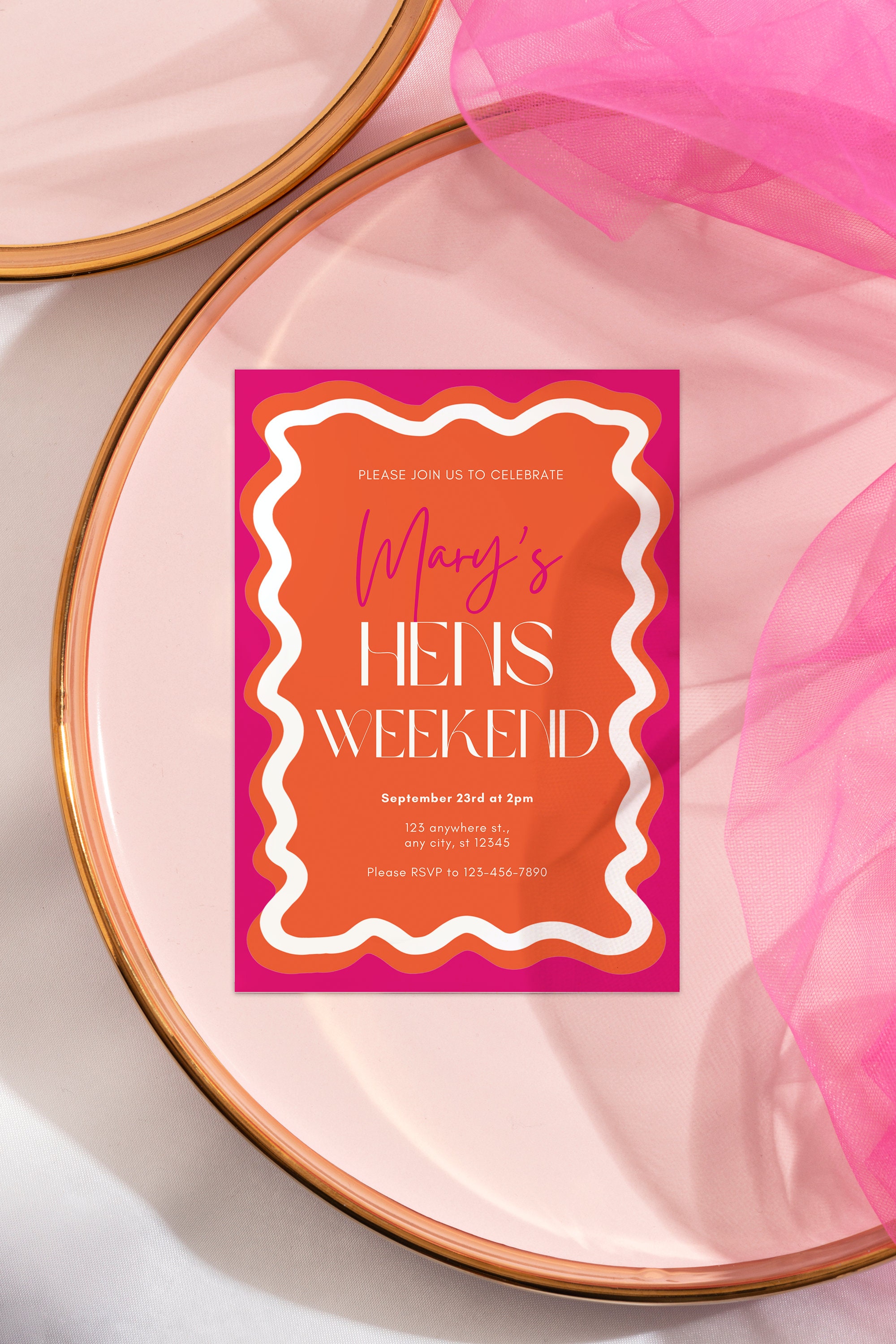 Hens Weekend Wavy Invitation, Orange and Pink Wavy Editable Invite ...